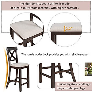 P PURLOVE 6-Piece Counter Height Dining Table Set Wooden Rectangle Dining Table with Bottom Shelf and 4 Upholstered Chairs with Padde Bench Kitchen Home Furniture for 6-8 Persons