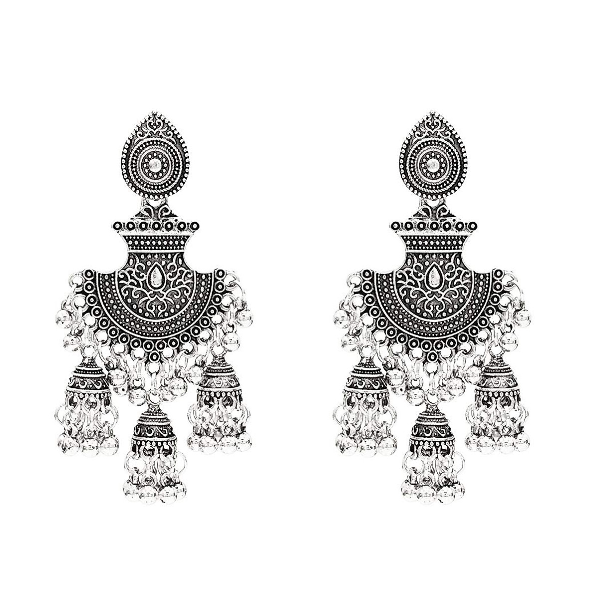 4 Pair Traditional Vintage Retro Antique Silver Gold Boho Bohemian Jewelry Ethnic Tribal Gypsy Engraved Hook Drop Dangle Jhumka Bells Tassel Earrings for Women -Style 1