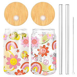 Whaline Boho Ice Coffee Cup 16oz Retro Groovy Glasses Cup with Bamboo Lids Glass Straw Cleaning Brushes Flowers Aesthetic Drinking Glasses Beer Glass Can for Cocktails Whiskey Beer Soda Gifts, 2Pcs