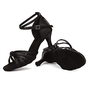 DKZSYIM Women's Satin Latin Dance Shoes Professional Ballroom Salsa Practice Performance Dancing Shoes,217-Black-7,US 7.5