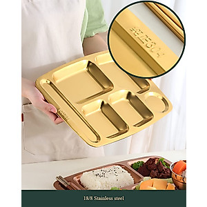 QOBIMOON 18/8 Stainless Steel Divided Plate, Food Trays 4 Section Dinner Plate with Bowl, Chosticks and Spoon, Camping Dishes, Adult Lunch and Dinner-Rainbow Color