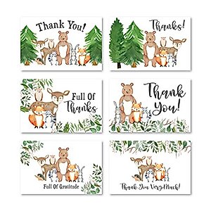 24 Woodland Thank You Cards With Envelopes, Kids or Baby Shower Thank You Note, Rustic Animal Deer or Fox, 4x6 Varied Gratitude Pack For Party, Birthday Boy or Girl Children, Appreciation Stationery