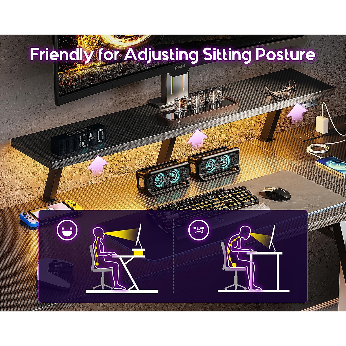 MOTPK Small Gaming Desk with LED Lights & Power Outlets, 39 Inch L Shaped Gaming Computer Desk with Storage Shelf, Gamer Desk with Monitor Stand, PC Gaming Table with Carbon Fiber Texture, Black
