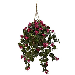 Nearly Natural 6734 Bougainvillea Silk Hanging Basket, Green/Pink