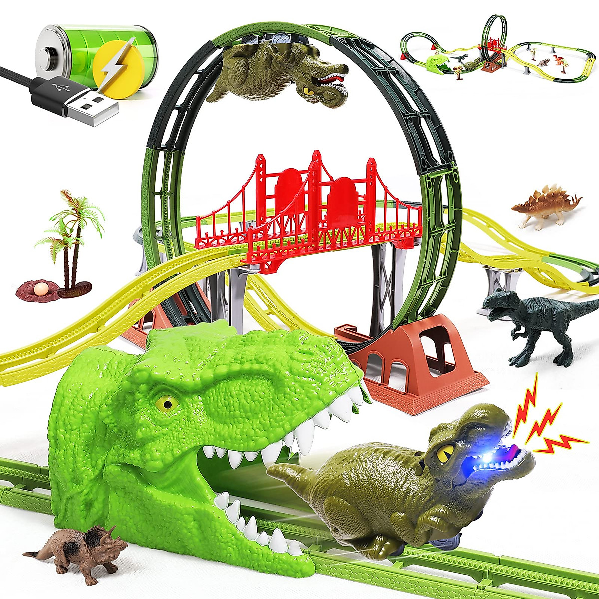 𝐓𝐎𝐘 𝐃𝐄𝐀𝐋𝐒 𝐈𝐍 𝐎𝐔𝐓𝐋𝐄𝐓 Dinosaur Race Track Train Toys, Flexible Dinosaur Train with LED Roaring Lights, Dino Toys & Dino Eggs, 3 Year Old Boy Birthday Gift