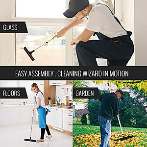 Rubber Bristle Expandable Broom Set with Dustpan & Handheld Rubber Brush for Surface Cleaning, Dust Pet Hair Removal Sofa Sweeping, Built-in Rubber Squeegee Snap, Set of 3, Black