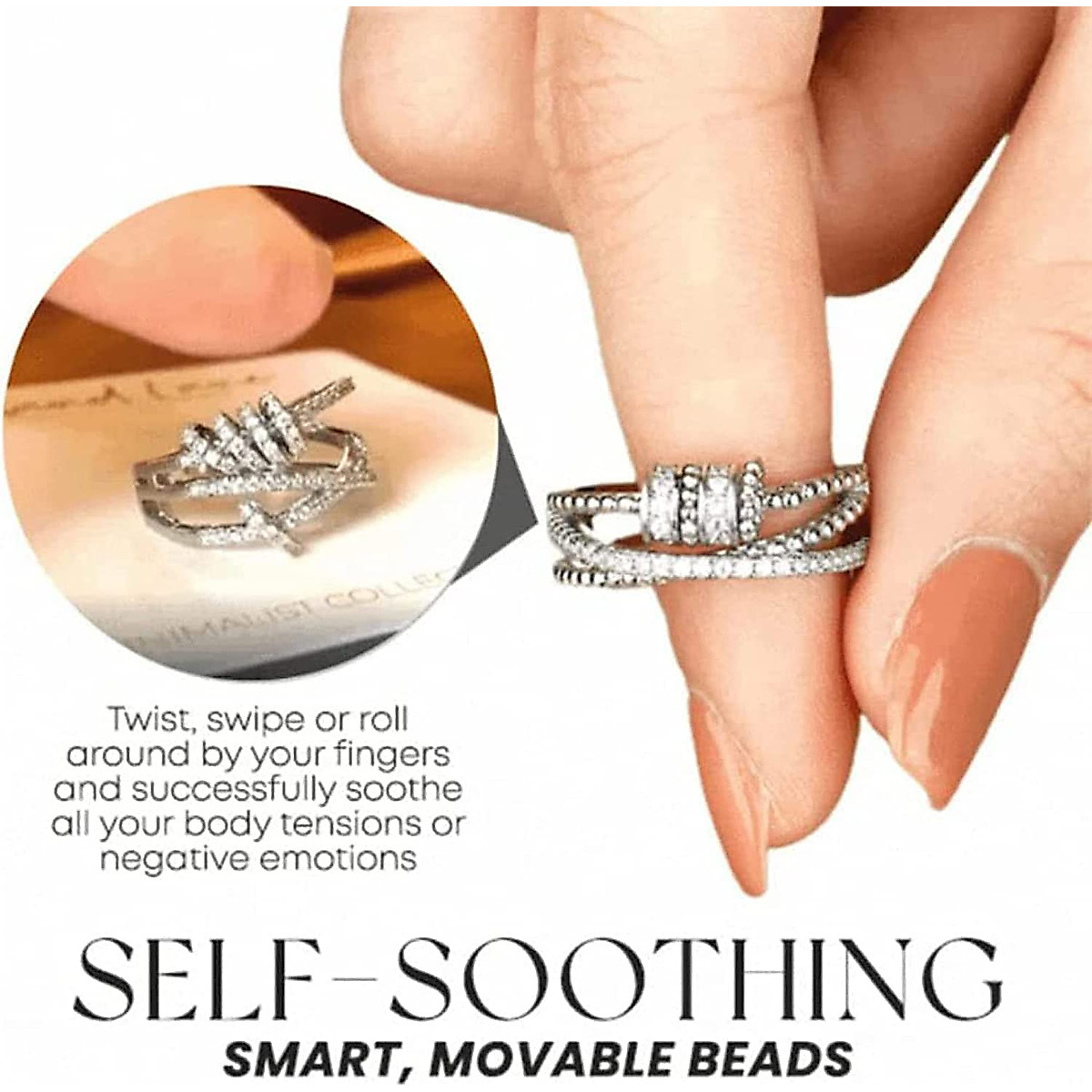 JANSIO Threanic Triple-Spin Ring, Jansio Ring, Feelief Self-Soothing Ring, Feelief Zirconica Triple Fidget Ring, Adjustable Moissanite Spinner Ring for Women (2 Silver)