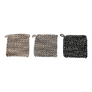 Creative Co-Op Square Crochet Cotton Leather Loop, Set of 3 Colors Pot Holder, Multicolored