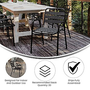 Flash Furniture Lila Commercial Restaurant Stack Chair with Triple Slat Back and Arms, Indoor-Outdoor Dining Chair, Black