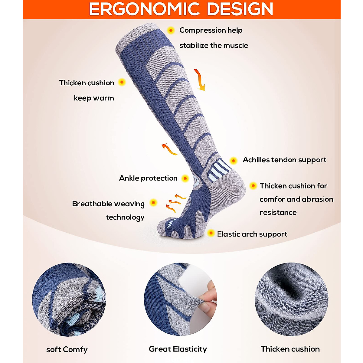 WEIERYA Ski Socks 2 Pairs Pack for Skiing, Snowboarding, Outdoor Sports Performance Socks Blue L 2 Pairs