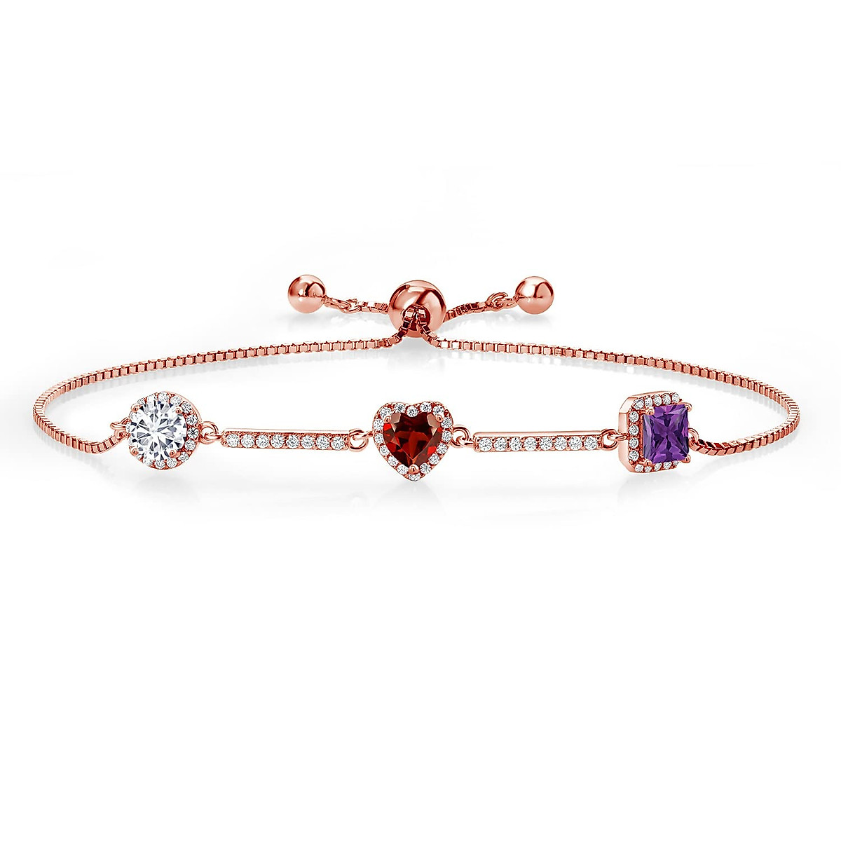 Gem Stone King Keren Hanan Round Heart Princess Cut G-H Lab Grown Diamond Red Garnet Created Moissanite 18K Rose Gold Plated Silver Tennis Bracelet For Women (2.11 cttw, Fully Adjustable Up to 9 Inch)