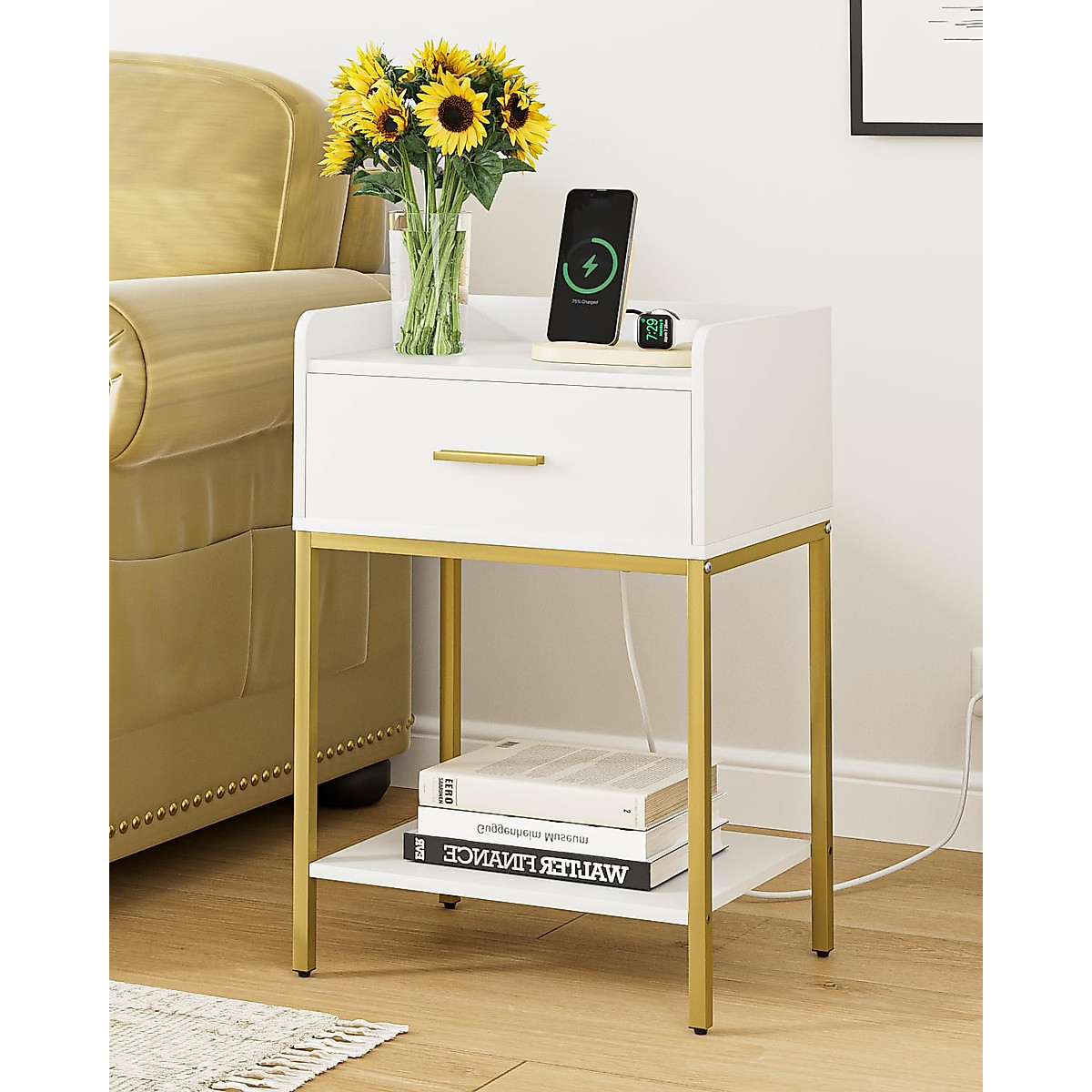 Masupu Nightstand with Charging Station,3-Tier Modern Bedside Night Stand with Storage Drawer and Shelf,Small End Side Table for Bedroom,Living Room,White