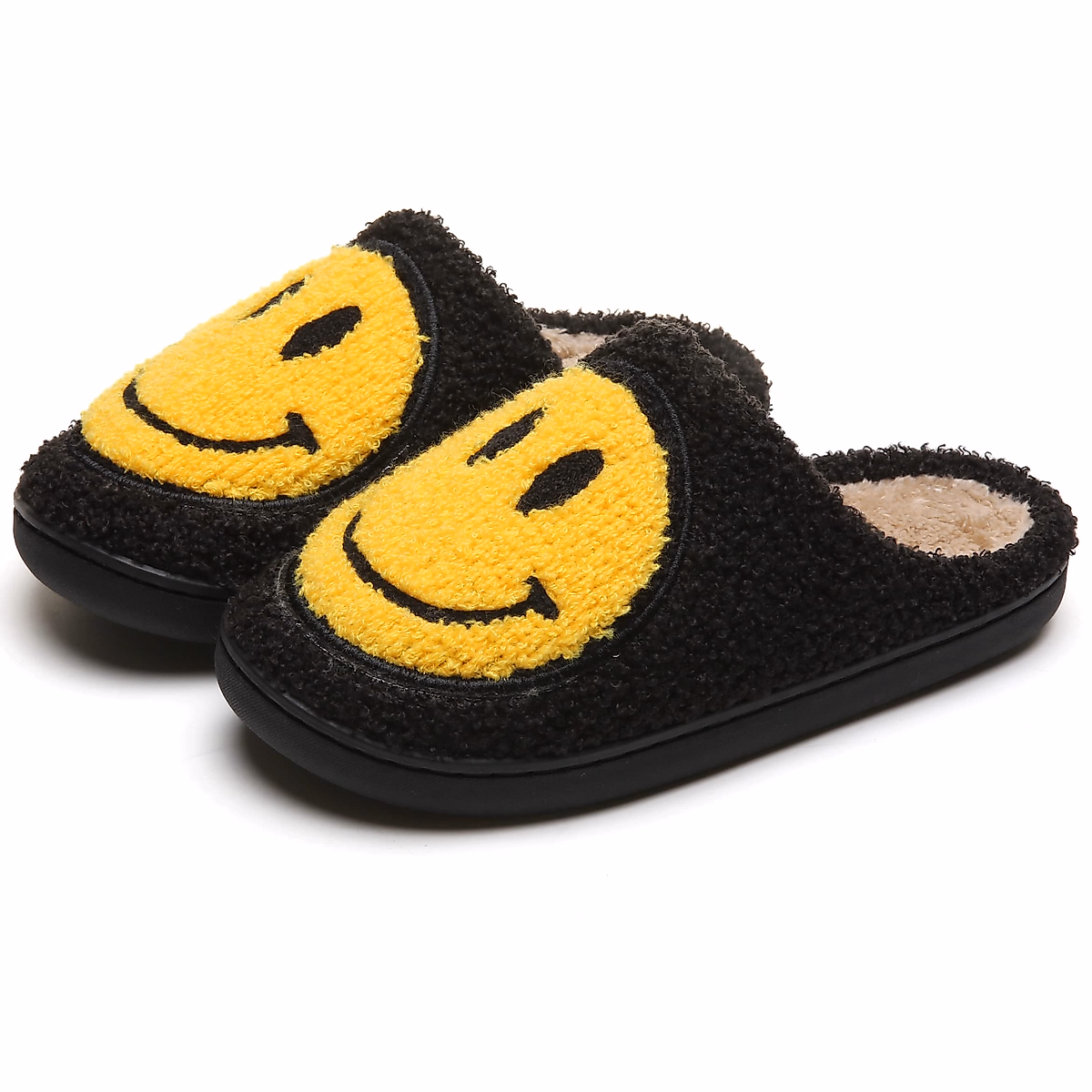 ALEENLA Smile Face Slippers For Women Bride Indoor And Outdoor Cute Pillow Slides Men'S House Fuzzy Keep Warm Non-Slip,hei39-40, Black
