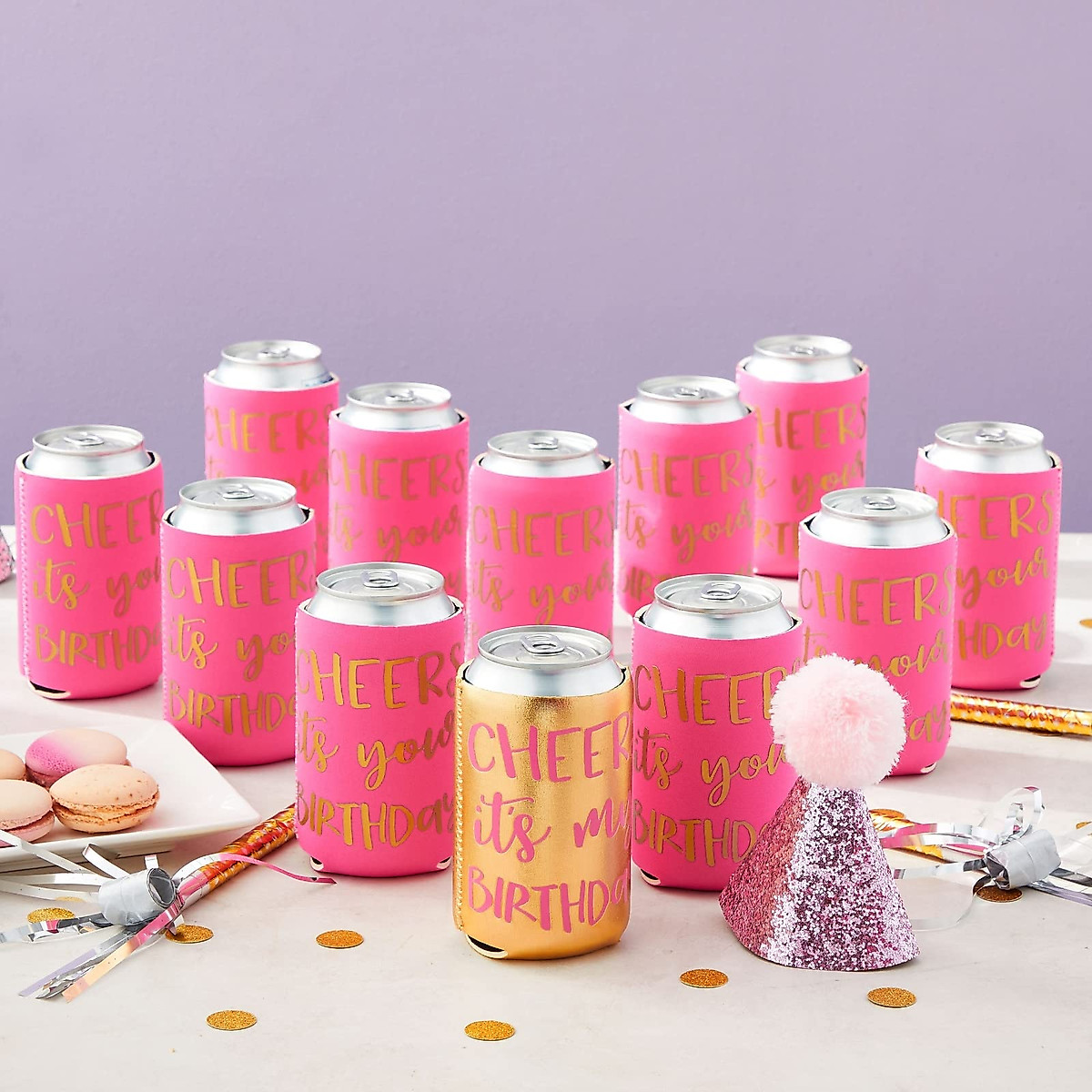 12 oz Birthday Neoprene Can Cooler Sleeves for Soda, Beer, Beverages (Pink, 12 Pack)