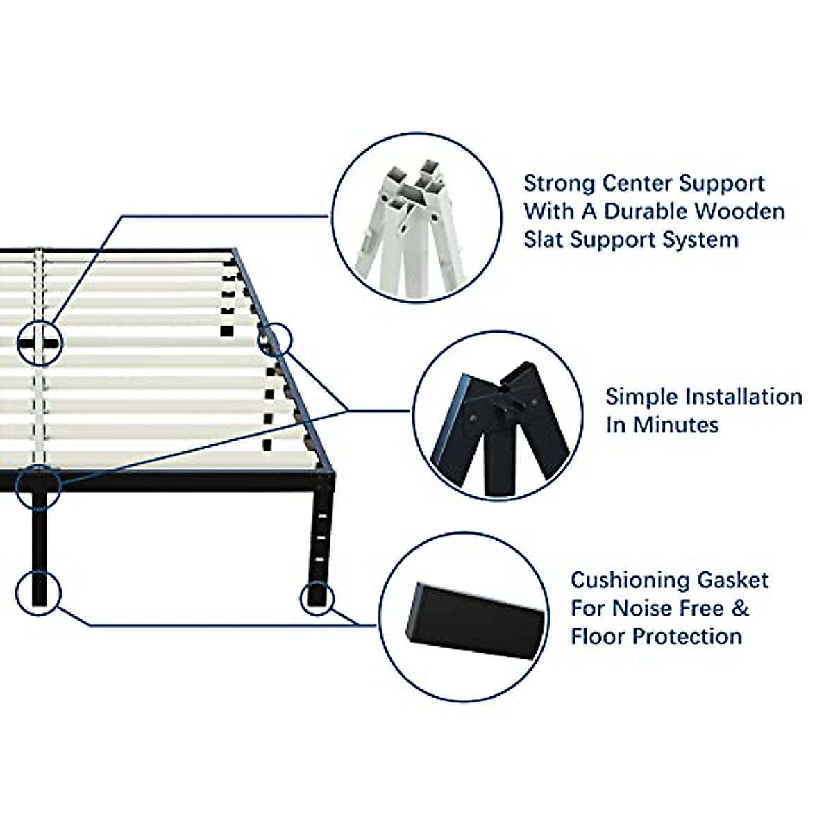 ONEMO King Size Bed Frame 18 Inch Height 3000lbs Heavy Duty Metal Pipe Platform Solid Wood Slats No Box Spring Needed Easy to Assemble Noise Free-Black