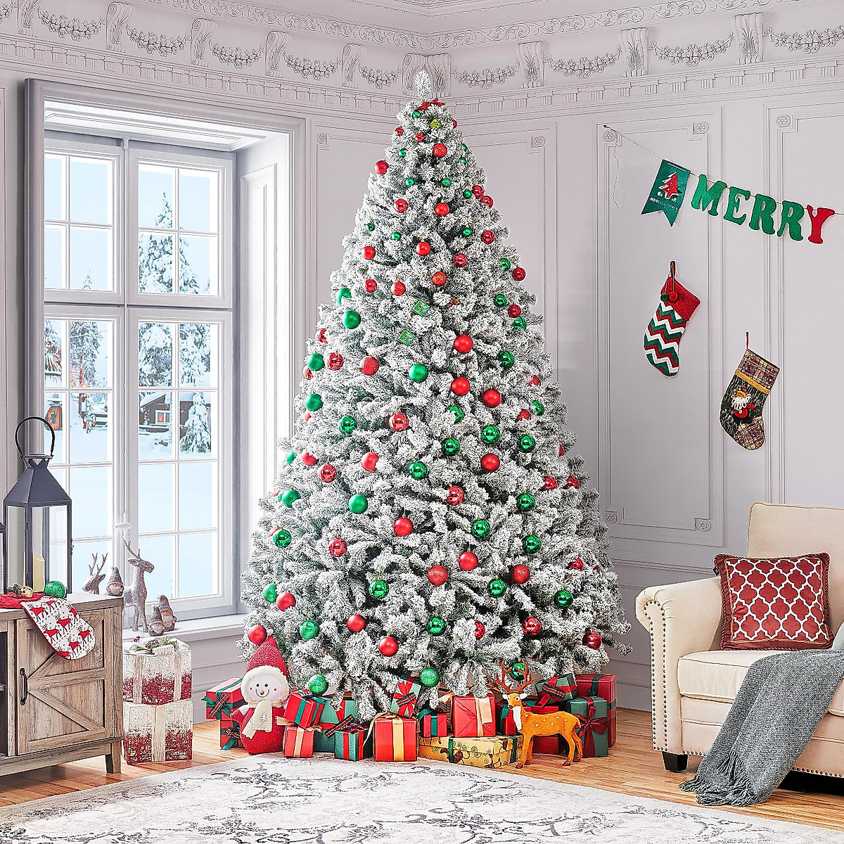 Yaheetech 9ft Premium Snow Flocked Hinged Artificial Christmas Fake Spruce Full Tree for Home Office Party Decoration with 2108 Branch/PVC Tips/Foldable Stand