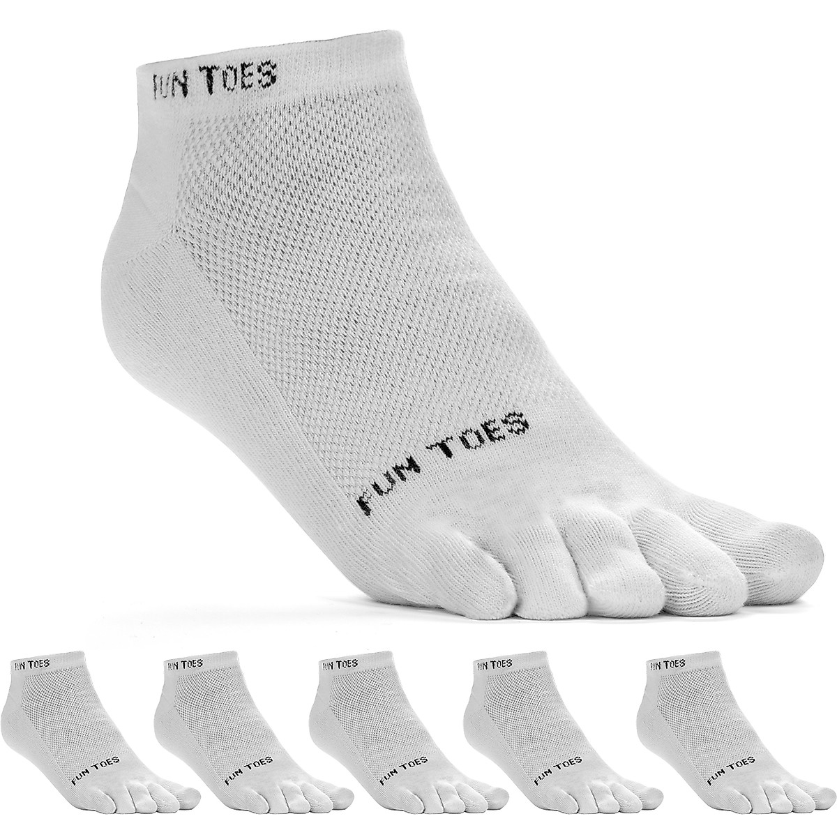 FUN TOES Mens Toe Socks Barefoot Running Lightweight -Value 6 Pairs Pack- Size 6-12 WHITE/GRAY