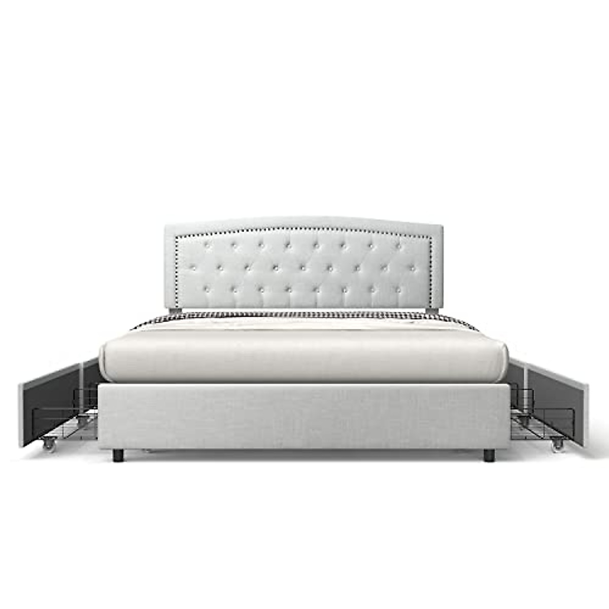 BONSOIR Queen Size Storage Bed Frame Upholstered Low Profile Traditional Platform with Tufted and Nail Headboard