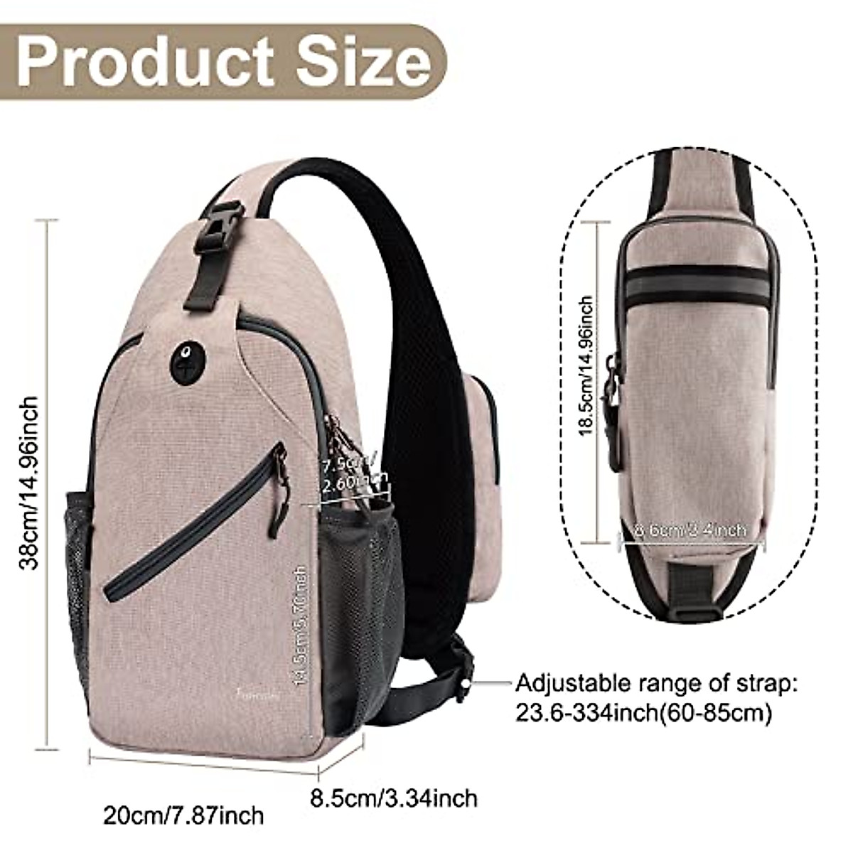 Fancosni Sling Bags for Women Men, Crossbody Sling Backpack, Chest Bag Lightweight Shoulder Bag, Multipurpose Sling Bag for Travel, Hiking, Shopping, Walking, Biking, Cycling, Earphone Hole, Beige