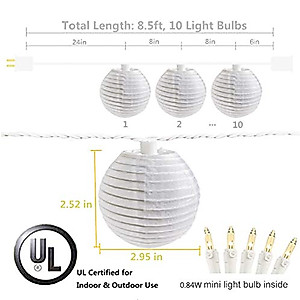 SkrLights 8.5Ft Mini Lantern String Lights -10 White Nylon Hanging Lanterns with Warm White Bulbs Included, Plug in, Connectable up to 25 Strands, White Lights String for Bedroom, Patio, Backyard