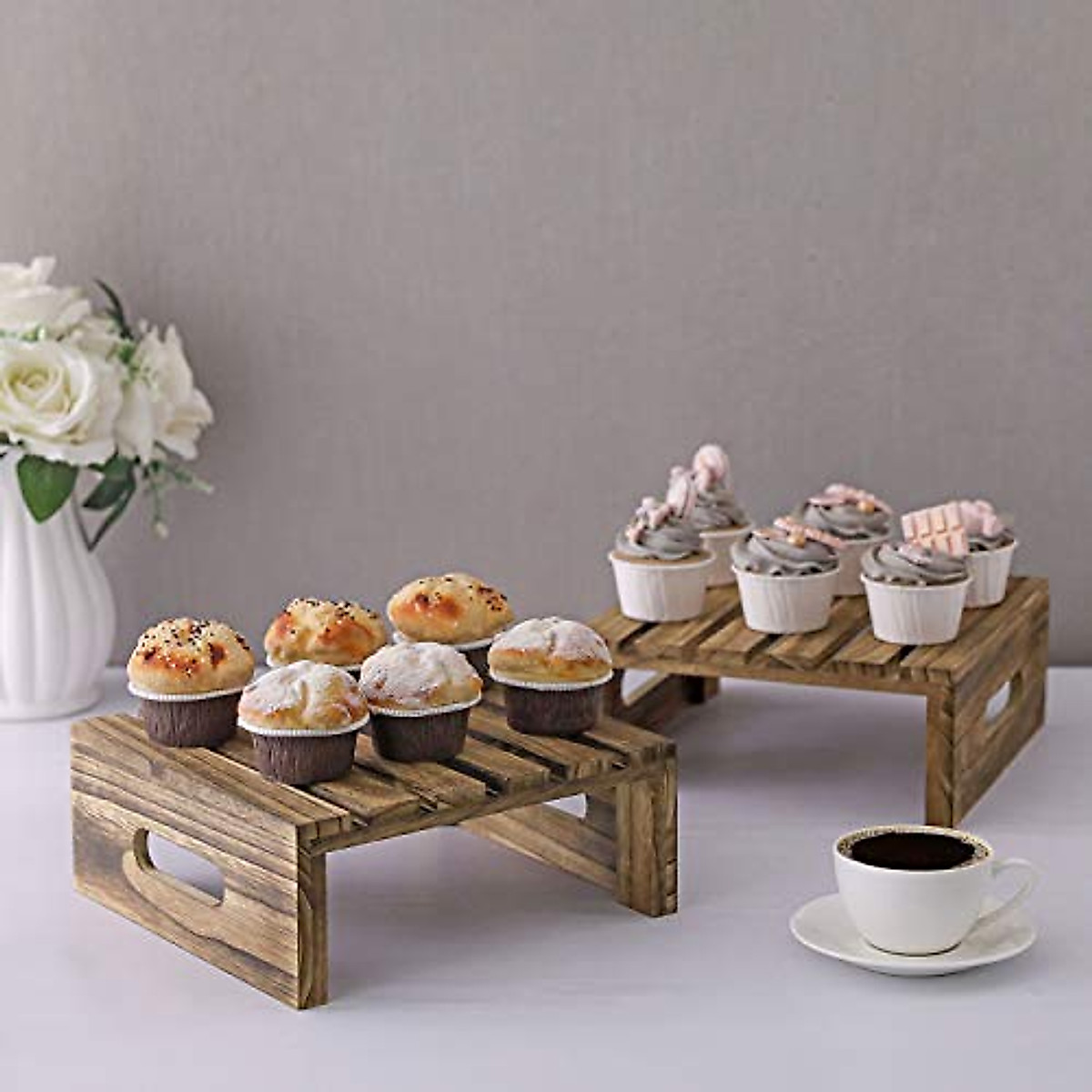 MyGift Rustic Brown Burnt Wood Cake, Cupcake and Dessert Buffet Display Holder Riser Stands, Set of 2