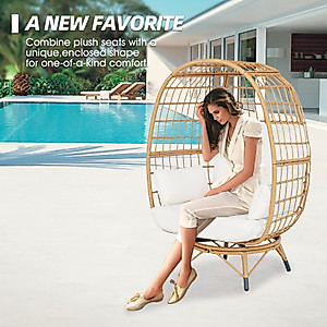 Temminkki Oversized Wicker Egg Chair Outdoor Indoor All-Weather Basket Lounger Chair with Beige Cushion 440lb Capacity