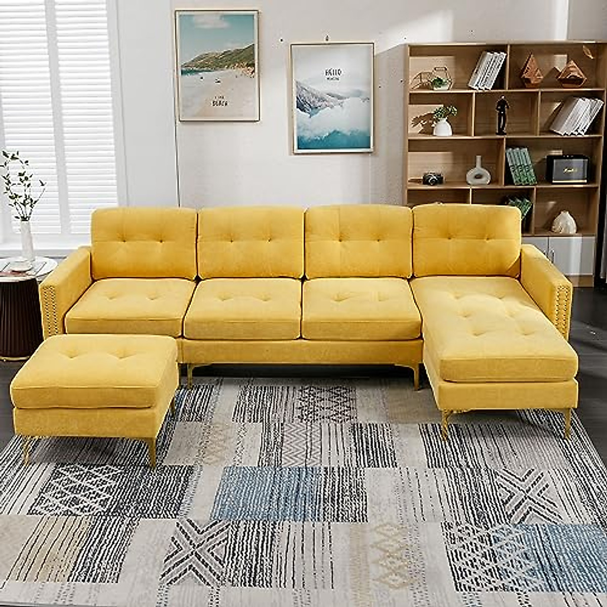 UBGO 110" Large Sofa,Living Room Furniture Sets,U/L-Shape Sectional Chaise Lounge and Convertible Ottoman,Velvet Couches for Apartment,Office (Yellow)