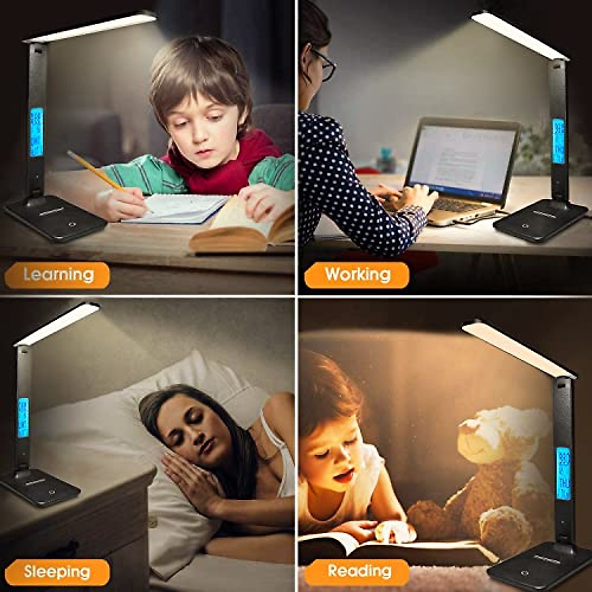 LAOPAO Desk Lamp, LED Desk Lamp with Wireless Charger, USB Charging Port, Adjustable Foldable ​Table Lamp with Clock, Alarm, Date, Temperature, 5-Level Dimmable ​Lighting​, Office Lamp with Adapter