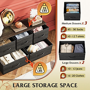 WLIVE Dresser for Bedroom with 5 Drawers, Wide Chest of Drawers, Fabric Dresser, Storage Organizer Unit with Fabric Bins for Closet, Living Room, Hallway, Charcoal Black Wood Grain Print