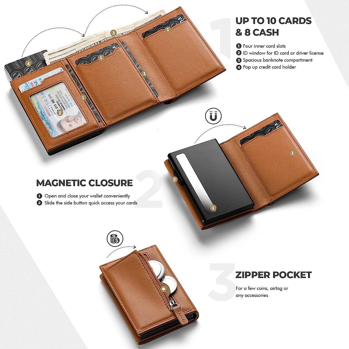 VULKIT Card Holder Wallet with Coin Pocket Magnetic Closure Pop Up Cards With ID Window Top Grain Leather Wallet for Cash & Credit Cards