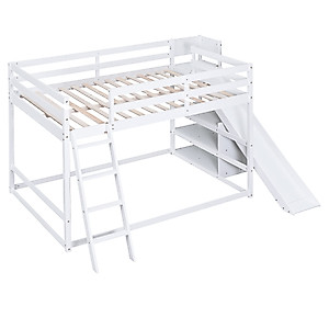CITYLIGHT Full Over Full Bunk Beds with Slide, Wood Full Bunk Bed with Storage Shelves & Ladder,Floor Bunk Bed Full Size for Kids Girls Boys, White