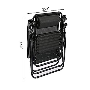 Zero Gravity Chairs Patio Set of 2 Reclining Beach Chair Adjustable Steel Mesh Lounge Recliners w/Pillows and Cup Holder Trays for Poolside, Backyard, Camping, Black