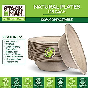 100% Compostable 16 oz. Paper Bowls [125-Pack] Heavy-Duty Disposable, Bulk Pack, Eco-Friendly Natural Unbleached Bagasse, Hot or Cold Use, Biodegradable Made of Sugar Cane Fibers