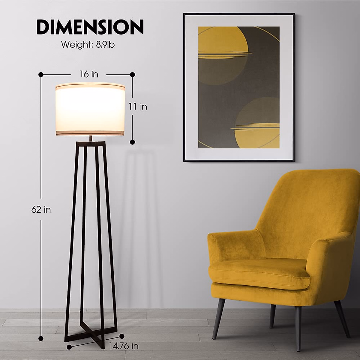 Modern Floor Lamp for Living Room - 62" Black Molded Metal Floor Lamp Tall Standing Lamp for Bedroom, Office, Bright Lamp with White Fabric Drum Shade and 9W LED Bulb