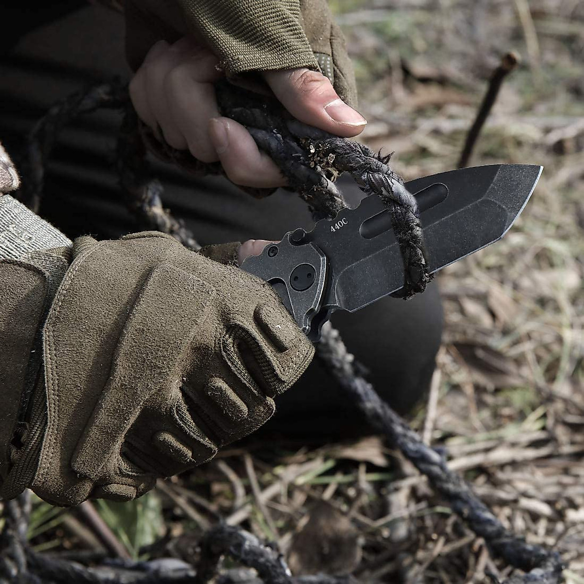 AUBEY Folding Pocket Knife with Tanto Tumbled Black 440C Steel Blade, Liner Lock, G10 Steel Handle, Clip, Glass Breaker, EDC Tool Knife for Men Hunting, Magic Axe