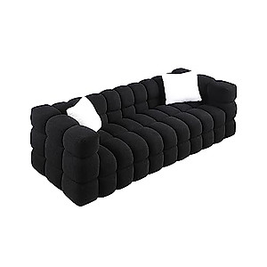EOVTK 84.3" Marshmallow Sofa with Deep 3 Seats, Modern Boucle Fabric Tufted Cloud Sleeper Couch with 2 Pillows, for Living Room Apartment Office, Black
