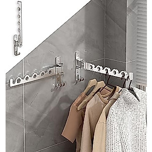 Dr.DJ Wall Hanger for Clothes, Coat Hanger Wall Mounted Silver Retractable Clothes Drying Organizer Rack Garment Hooks Aluminium Folding Indoor Wall Wall Hanger Space Save (2 Racks)