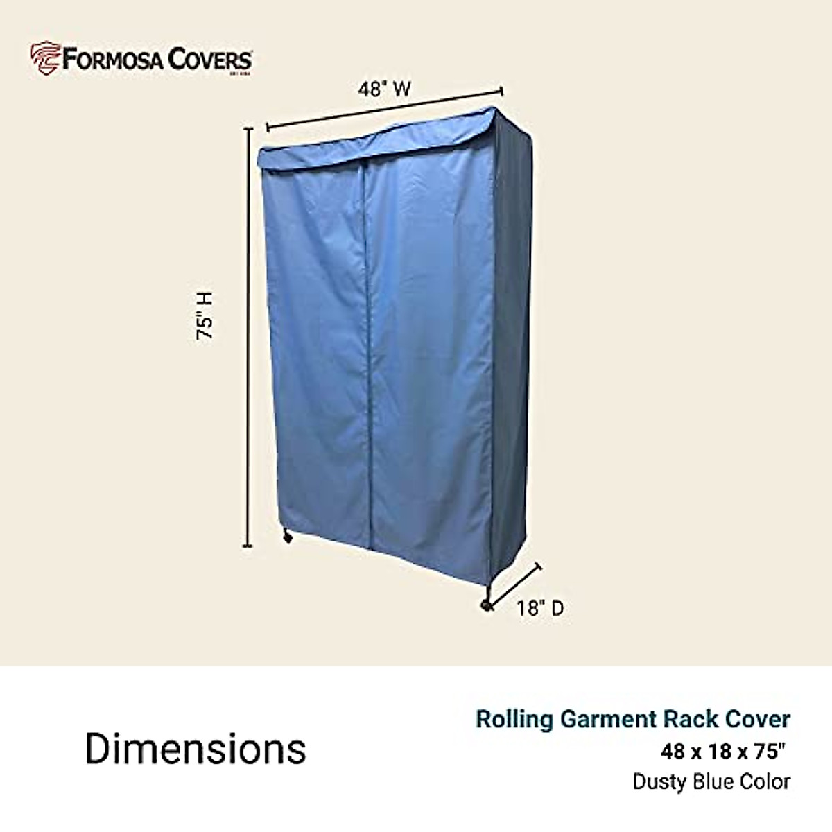 Formosa Covers Portable Garment Rolling Rack Cover - Protect Your Clothes from Dust Keep Your Room Looking Organized in Dusty Blue (Cover Only) (48"W x 18"D x 75"H)