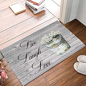 Doormat Bath Rugs Non Slip Retro Grey Wood Grain White Flower and Geometry Comb Washable Cover Floor Rug Absorbent Carpets Floor Mat Home Decor for Kitchen Bathroom Bedroom (16x24)