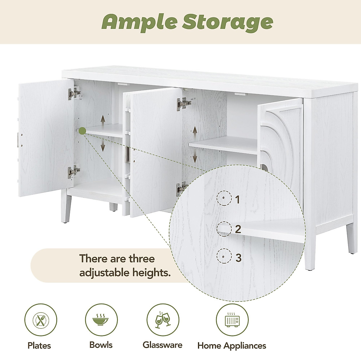 LUMISOL Wood Kitchen Sideboard Buffet Cabinet with Storage Doors Farmhouse Storage Sideboard for Dining Living Room with Metal Handles and Adjustable Shelf