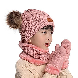 Duoyeree Baby Winter Hat Warm Scarf Gloves Set Pom Knitted Beanie Mitten Scarves for Toddler Girl Boy Pink