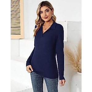 Romanstii Women's Knitted Polo Sweaters Long Sleeve V Neck Collared Shirts Winter Pullover Tops,Navy Blue,L