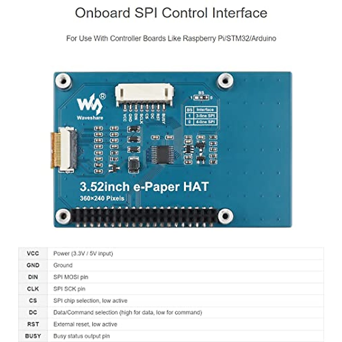Waveshare 3.52inch E-Paper HAT Compatible with Raspberry Pi 4B/3B+/3B/2B/B+/A+/Zero/Zero W/WH/Zero 2W Supports Jetson Nano 360 × 240 Resolution SPI Interface Black/White Dual Colors
