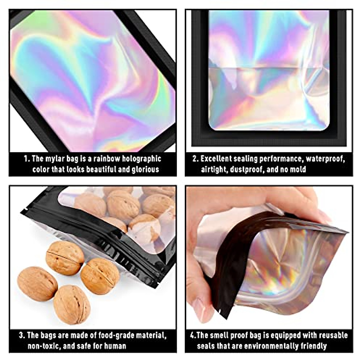 JTIEO 50Pcs Resealable Bags for Food Storage 2.4x3.9Inch Holographic Bags with Clear Window Foil Pouch Packaging Bag Self Sealing Bag for Party Favors, Lipgloss, Jewelry, Candy Black