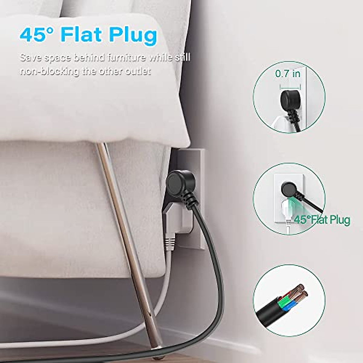 4 Side Power Strip Tower SAFEMORE with 7 Widely Outlets / 2 USB Ports, Flat Plug 6ft Charging Station for Home & Office (Black)