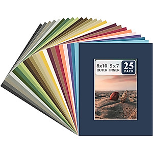 Golden State Art, Pack of 25, Acid-Free Mixed Colors Pre-Cut 8x10 Picture Mat for 5x7 Photo with White Core Bevel Cut Frame Mattes
