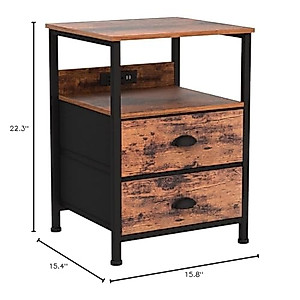 Furologee Set of 2 Nightstands, End Table with Charging Station, Bedside Tables with 2 Fabric Drawers, Night Stands with USB Ports & Power Outlets for Bedroom/Living Room/Rustic Brown