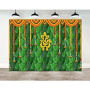 Ticuenicoa 7×5ft India Pooja Traditional Photography Backdrop Diwali Backdrops Banana Leaf Green Chatiya Ganesh Background Marigold Puja Ganpati Wedding Photo Tapestry Booth Props