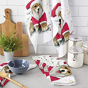 LEOKOTI Corgi with Christmas Decor Kitchen Towels, Absorbent Dish Cloths Hand Towels for Bathroom, Cute Puppy Colorful Ink Backdrop Decorative Dish Towels Tea Towels Bar Towels 18"x28", 2 Pack