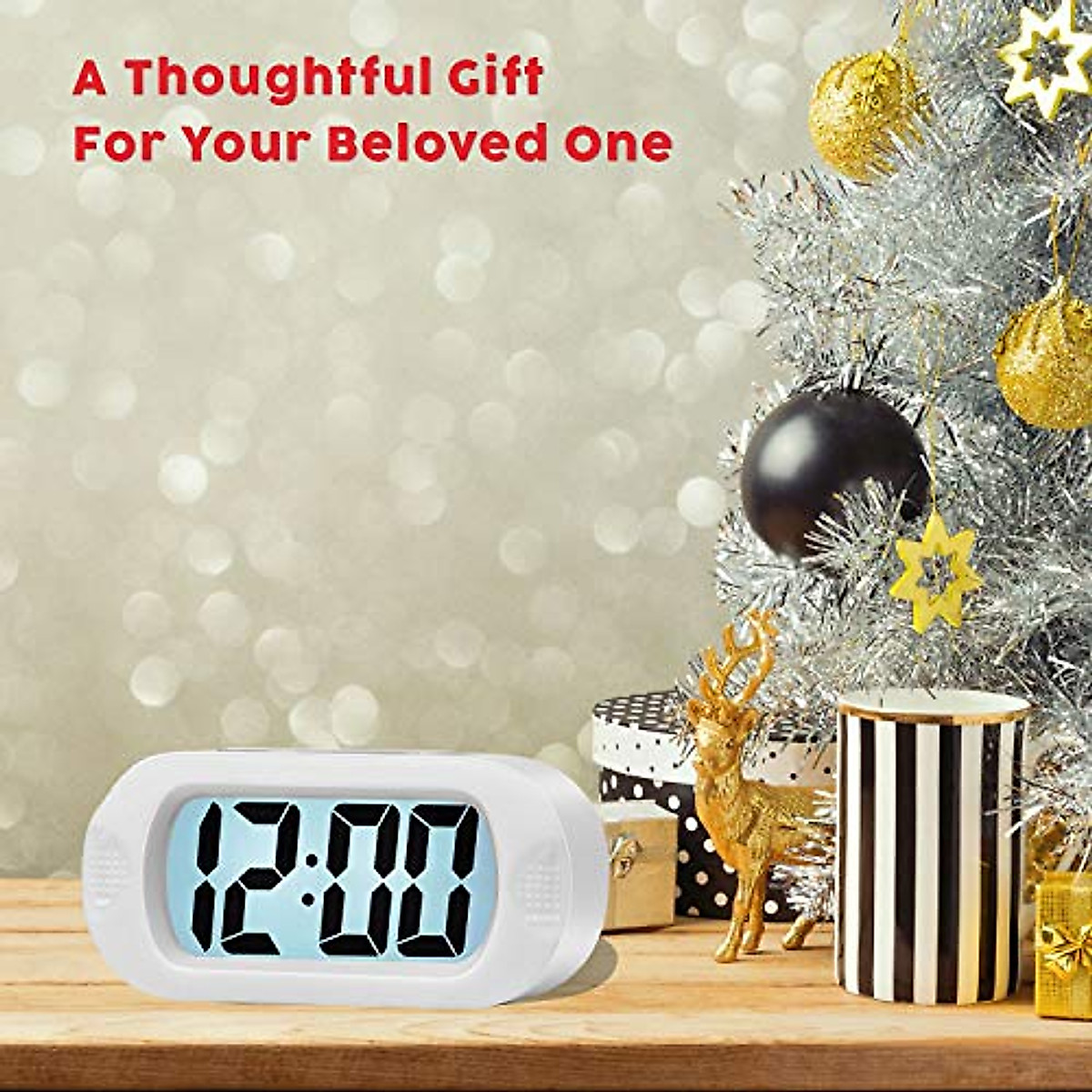 Plumeet Digital Alarm Clock Travel Clock with Snooze and Nightlight - Easy to Set Simple Bedside Alarm Clocks for Kids - Ascending Sound - Battery Powered (White)